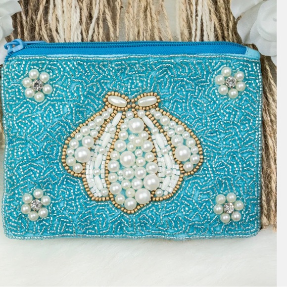 Bags | Pearl Beach Seashell Blue Seed Bead Coin Purse | Poshmark
